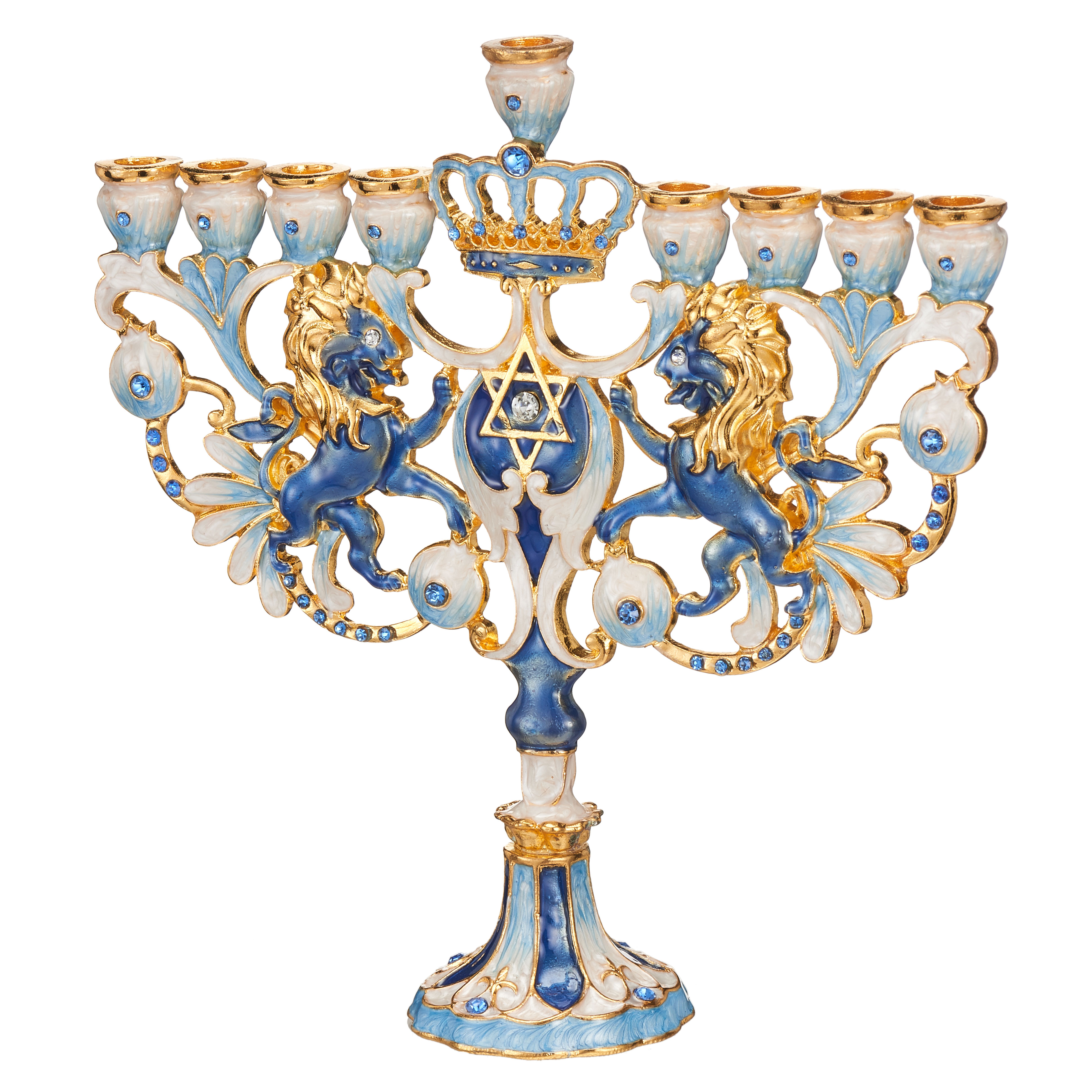 Matashi - MTMNR13548 - Hand Painted Blue and Ivory Regal Lion Menorah